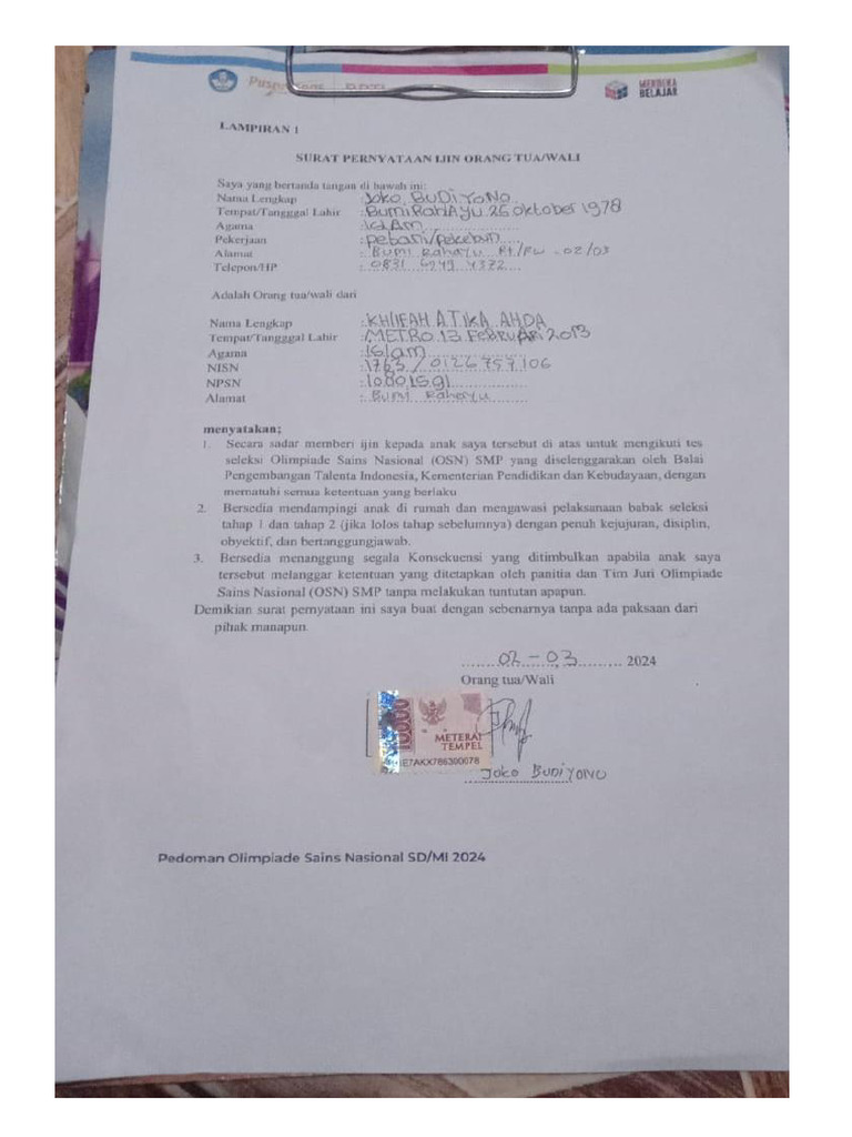 Surat Ijin Ortu Khalifah | PDF