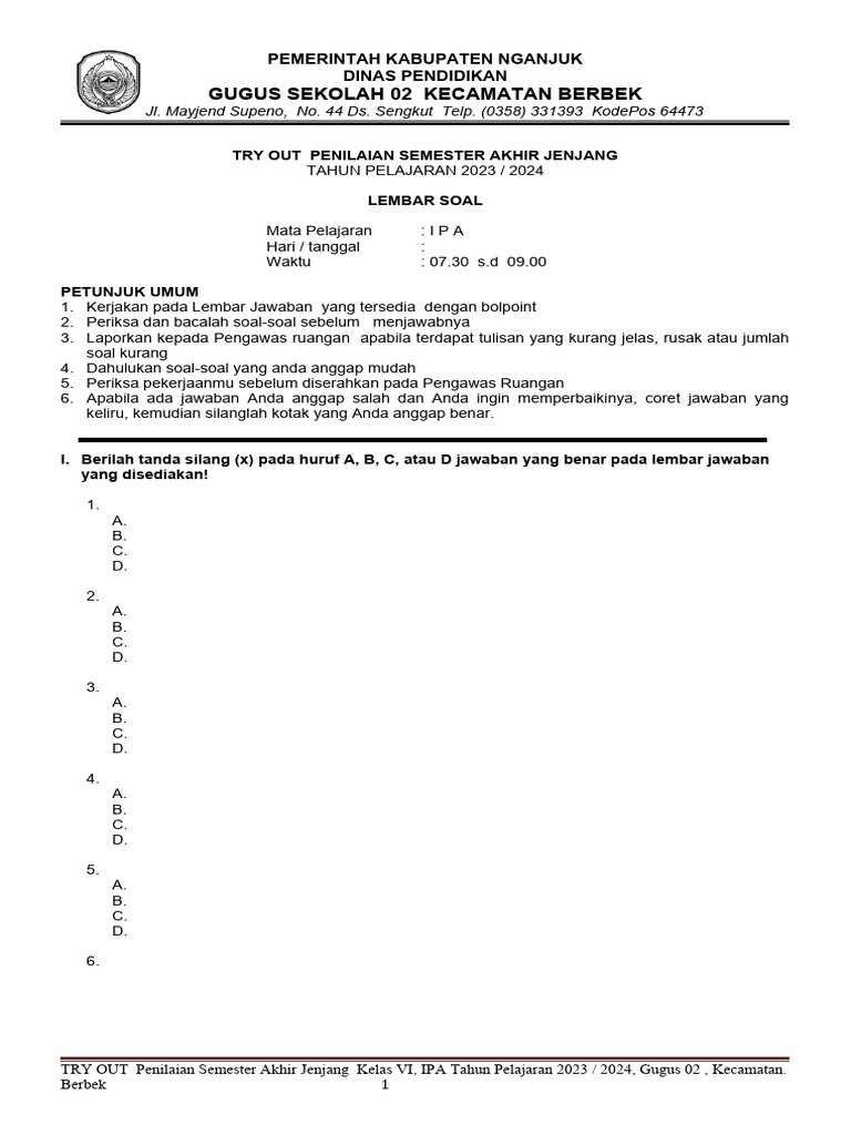 Format Soal Tryout Psaj KLS 6 | PDF