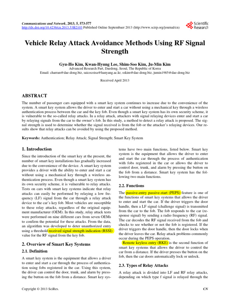Vehicle Relay Attack Avoidance Methods Using RF Si | PDF | Radio | Electrical Engineering
