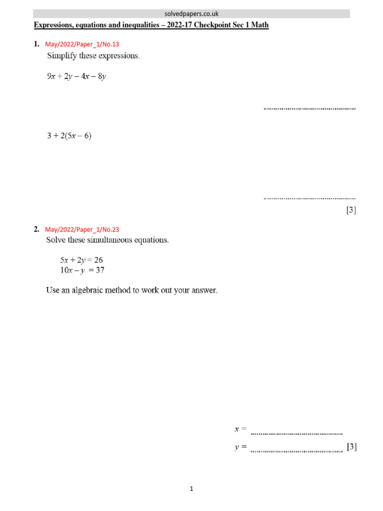 2022 17 Expressions Equations and Inequalities Checkpoint Sec 1 Mathematics | PDF | Mathematics ...