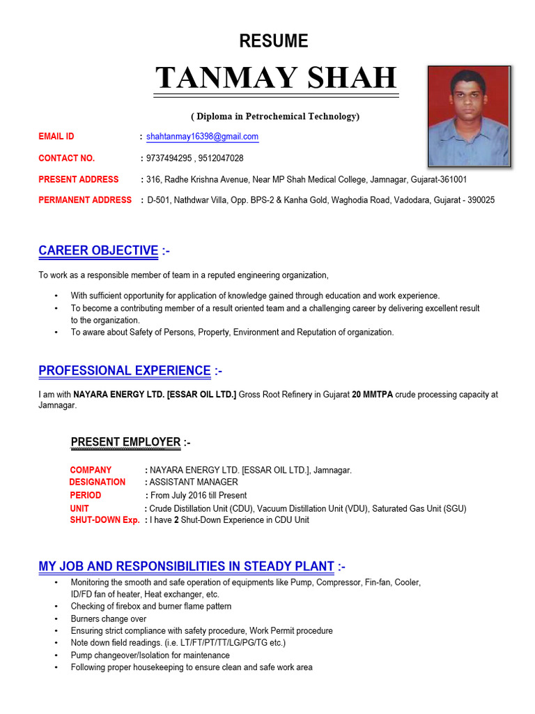 Tanmay Shah: Resume | PDF | Oil Refinery | Chemistry