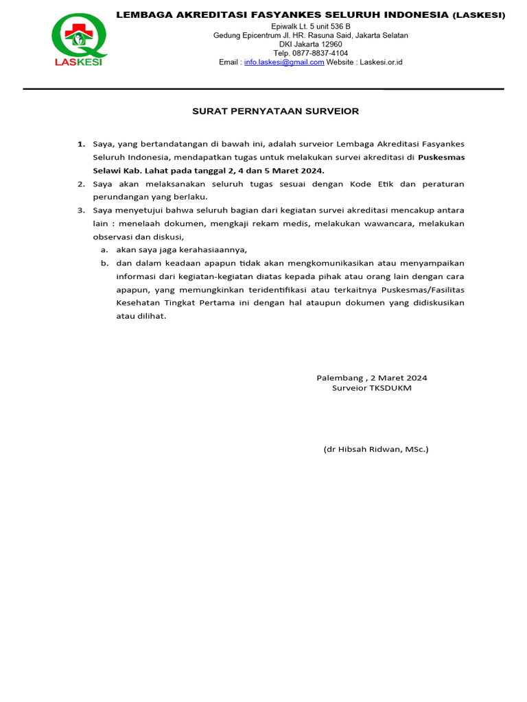 Surat Pernyataan Surveior LASKESI | PDF | Karier & Perkembangan