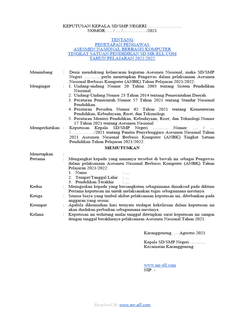 SK Pengawas ANBK Tahun 2021 Tingkat Satuan Pendidikan | PDF