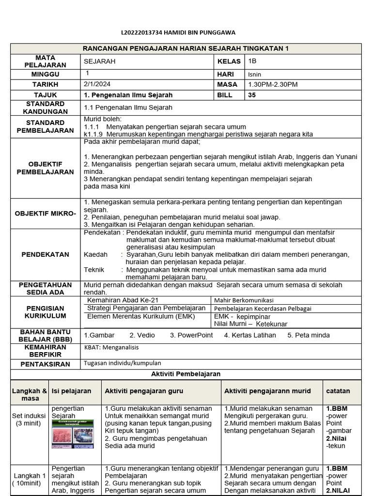 Rancangan Pengajaran Harian (Sejarah Tingkatan 1) | PDF