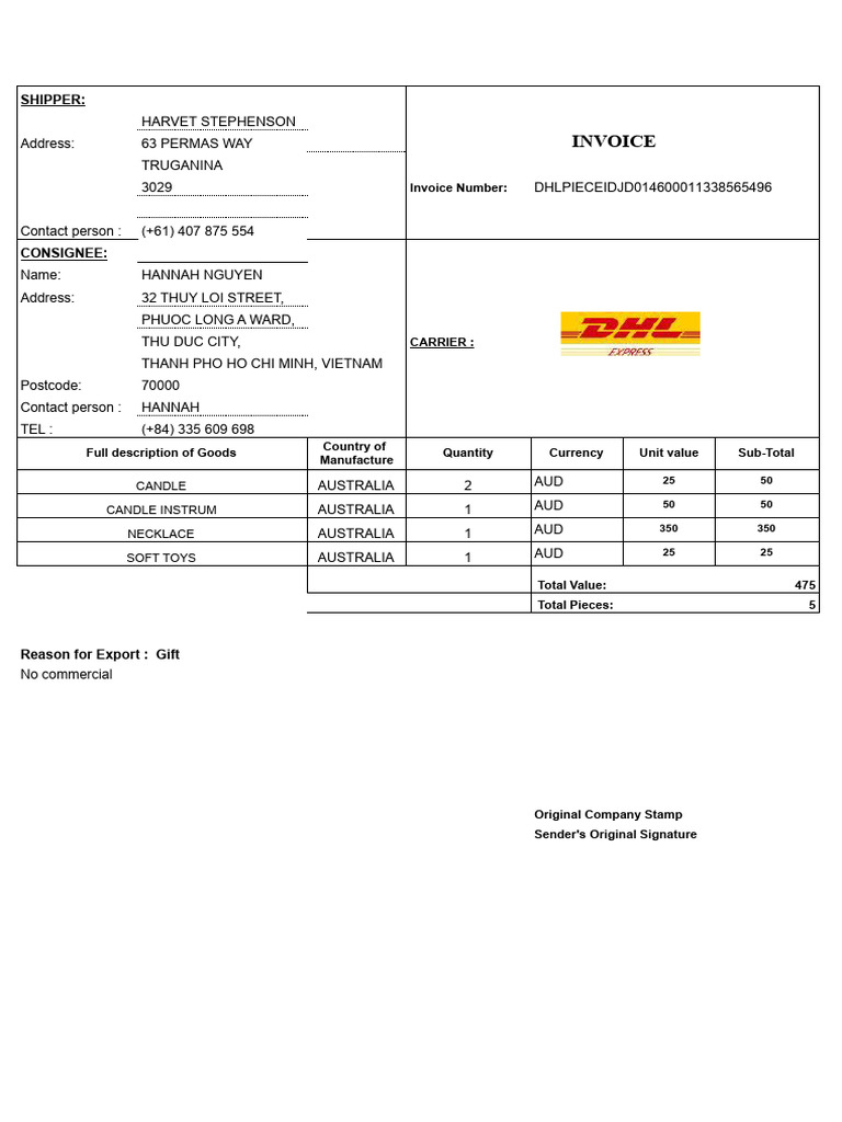 Invoice_sample (non-com).xlsx - DHL Invoice (1) | PDF