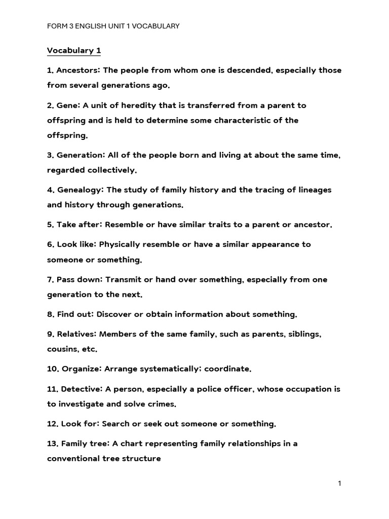 FORM 3 ENGLISH UNIT 1 VOCAB | PDF | Family | Parent