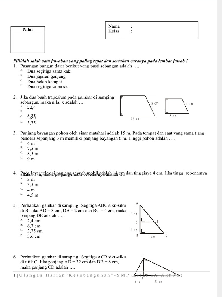 Dokumen - Tips - Soal Ulangan Kesebangunan Kelas Ix | PDF