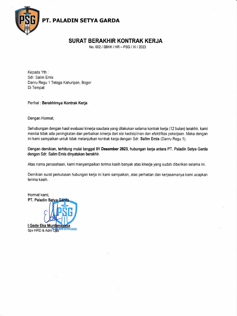 02 Surat Berakhir Kontrak Kerja - Salim Emis | PDF 02 Surat Berakhir Kontrak Kerja - Salim Emis | PDF