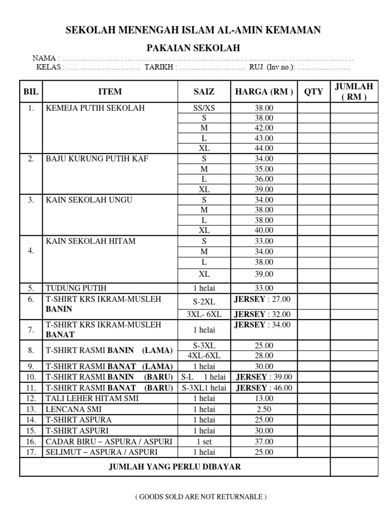 Borang Pakaian SMI AL AMIN KEMAMAN | PDF