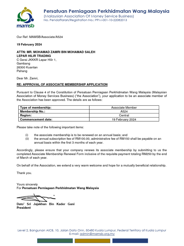 Associate Approval Letter - A524 | PDF | Business