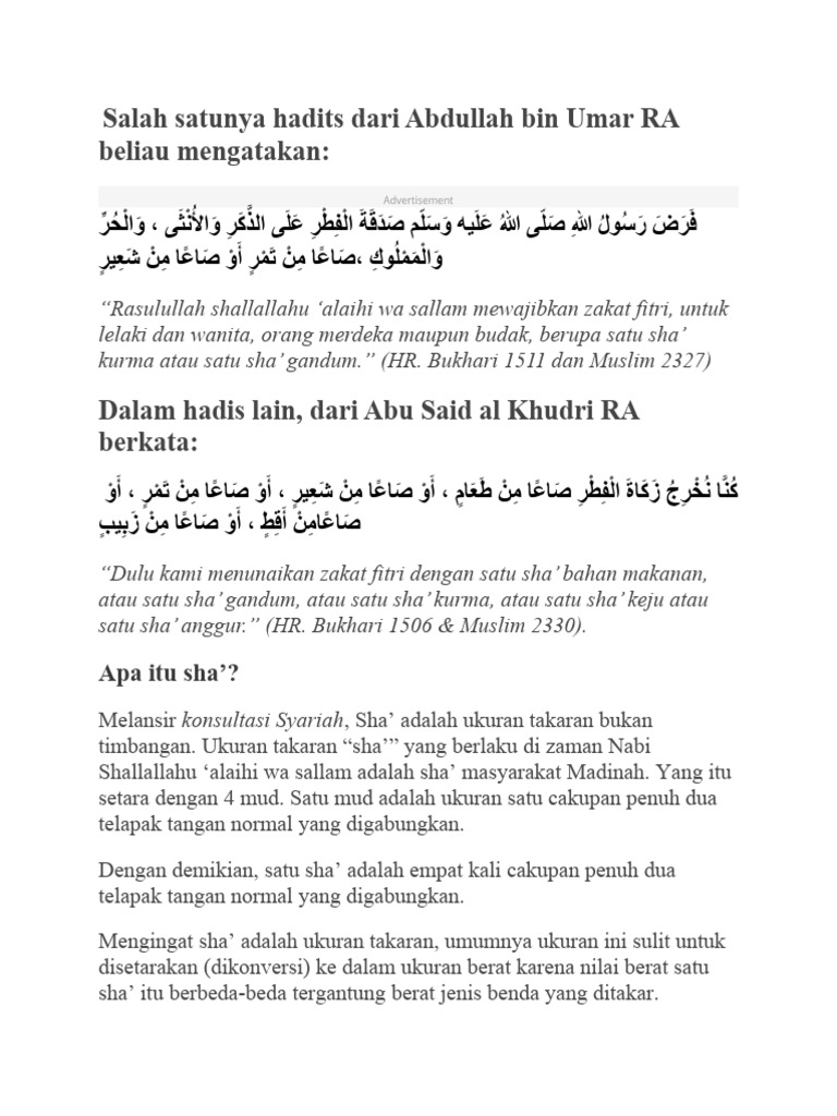 Salah Satunya Hadits Dari Abdullah Bin Umar RA Beliau Mengatakan | PDF