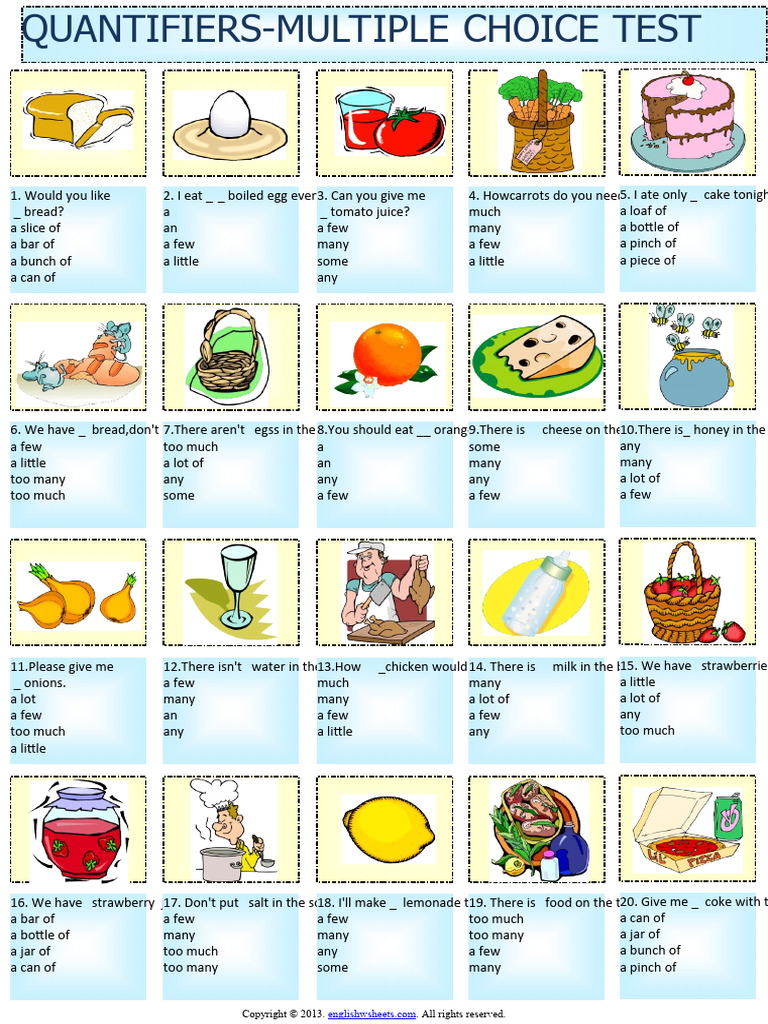 Quantity Quantifiers Multiple Choice Test Worksheet | Download Free PDF ...