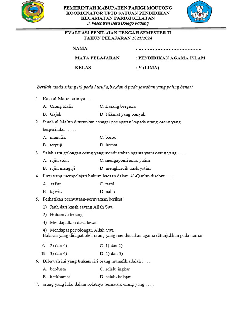 Soal Kls 5 Uts 2 2024 | PDF