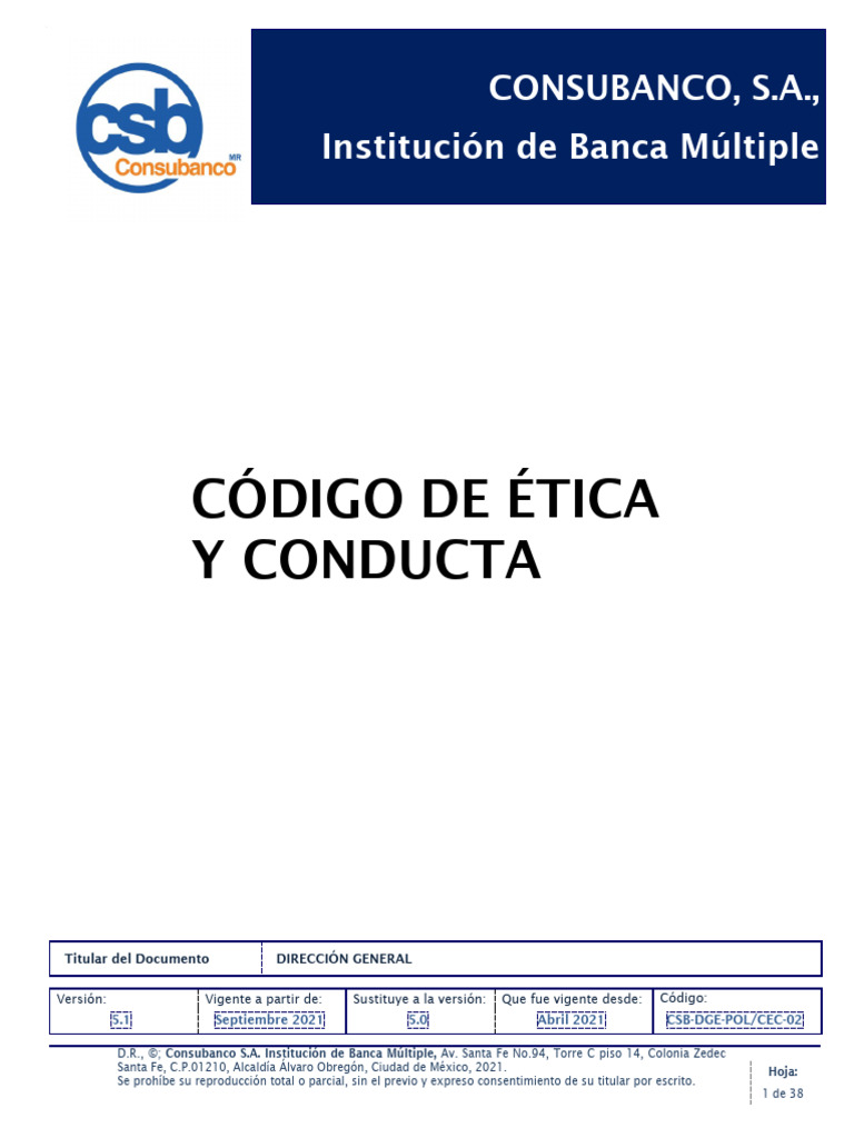 Codigo de Etica y Conducta V.5.1 CSB | PDF | Finanzas y dinero