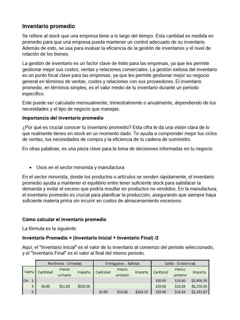 Inventario Promedio | PDF | Inventario | Business