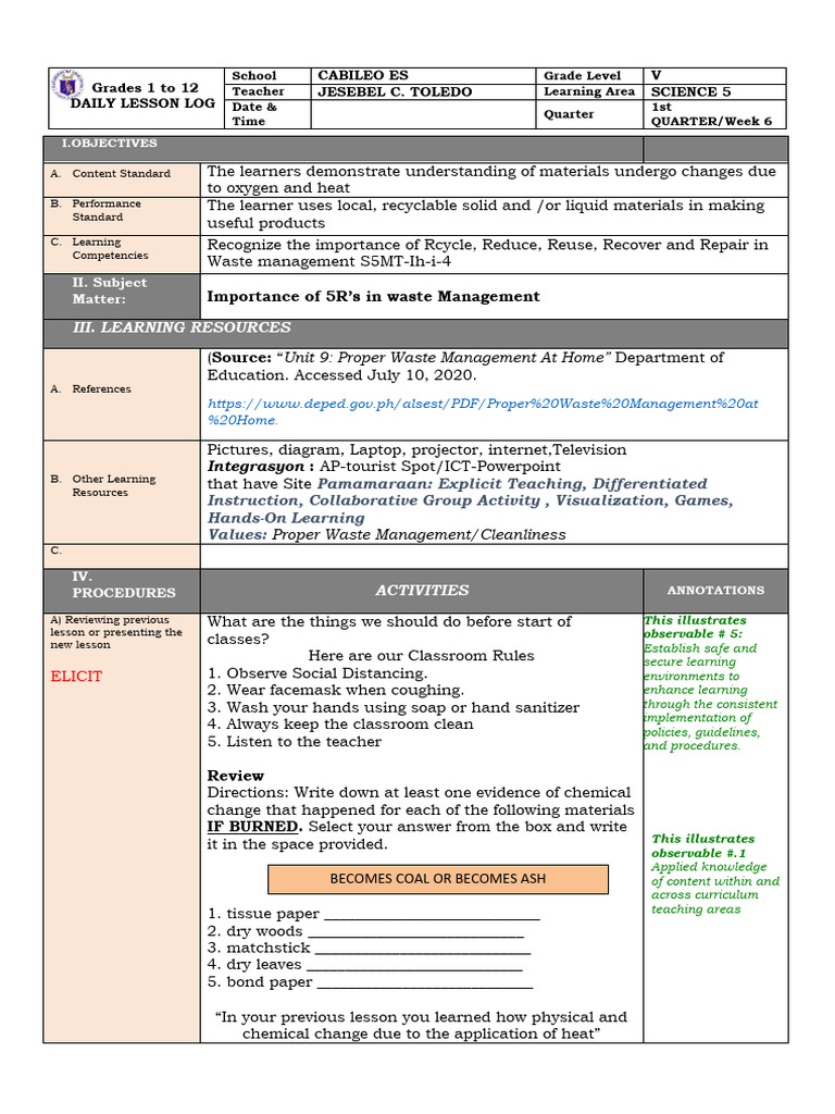 1st Quarter Science Grade 5 COT JESSY | PDF | Reuse | Waste Management