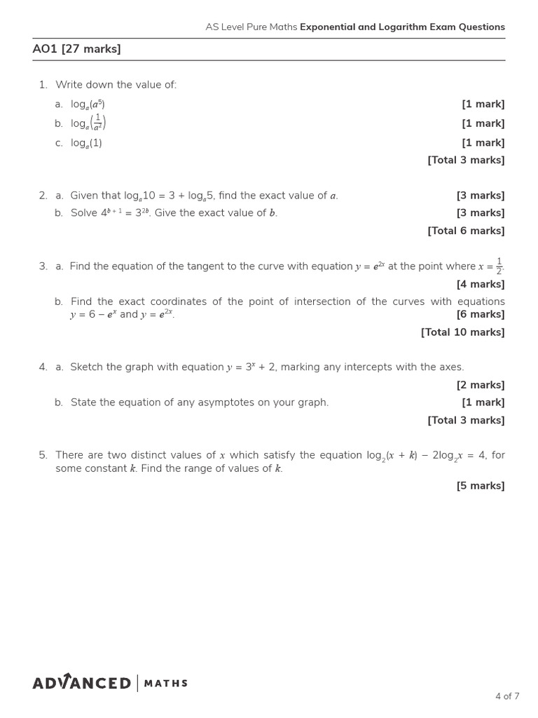 AS Level Logarithm Exam Questions | PDF | Teaching Methods & Materials