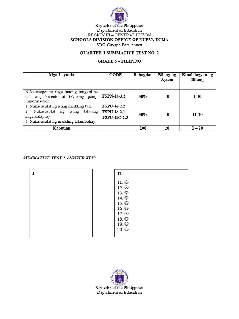 Q1 ST 2 GR.5 Filipino With Tos | PDF