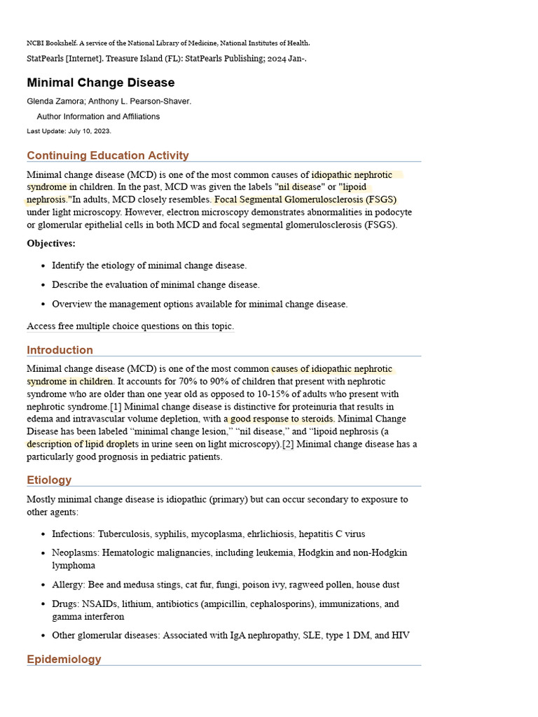 Minimal Change Disease - StatPearls - NCBI Booksh | PDF