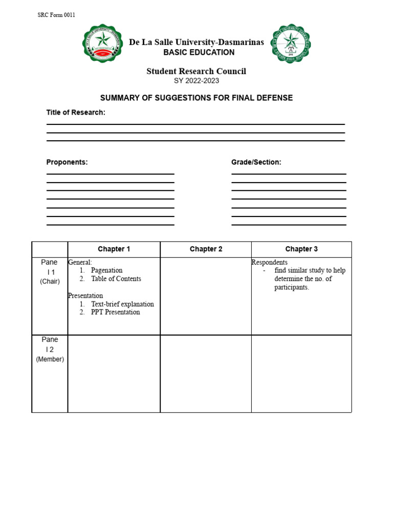 SRC Form No. 11-Summary of Suggestions - Final Defense | PDF