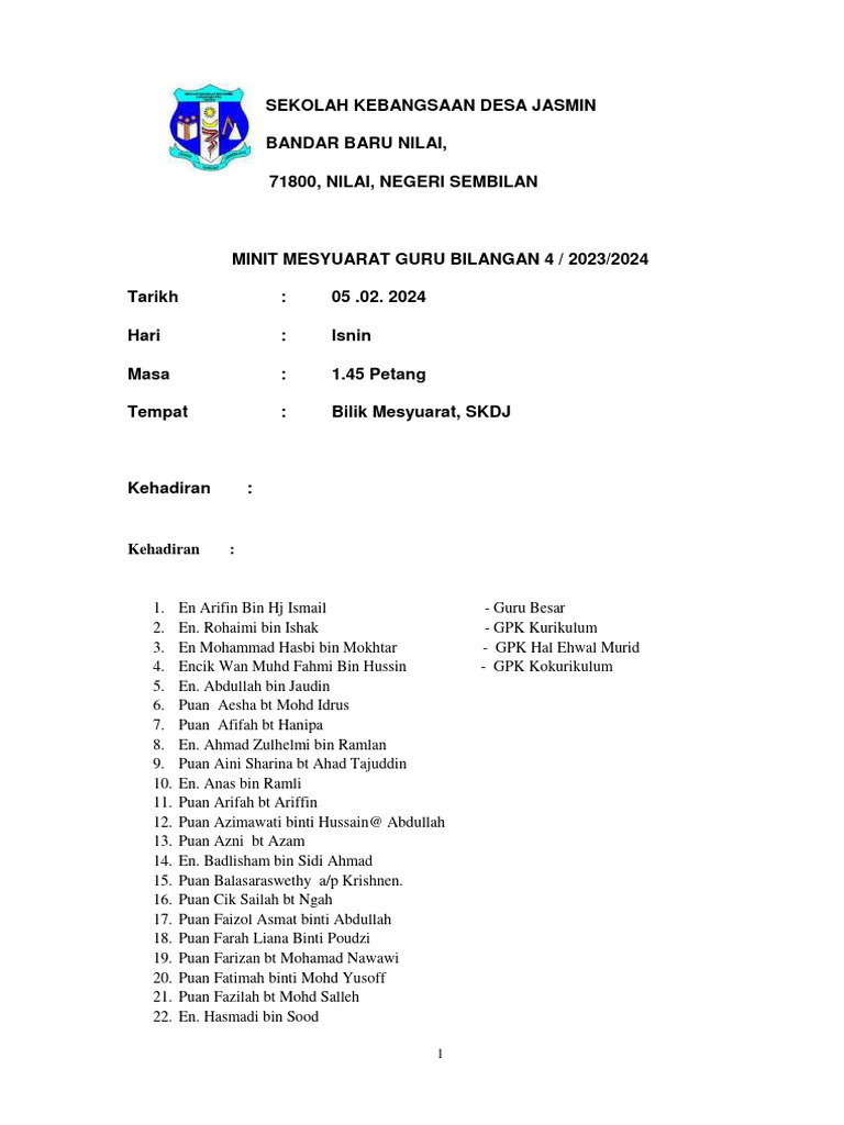 Minit Mesyuarat Guru Kali Keempat Sesi 2324 | PDF