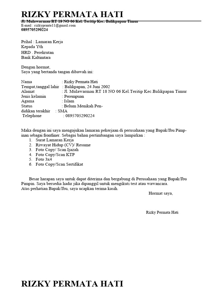 SURAT LAMARAN Bank Rakyat Indonesia 4 | PDF