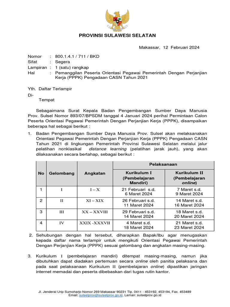 Surat Pemanggilan Peserta Orientasi PPPK Pengadaan CASN Tahun 2021 | PDF
