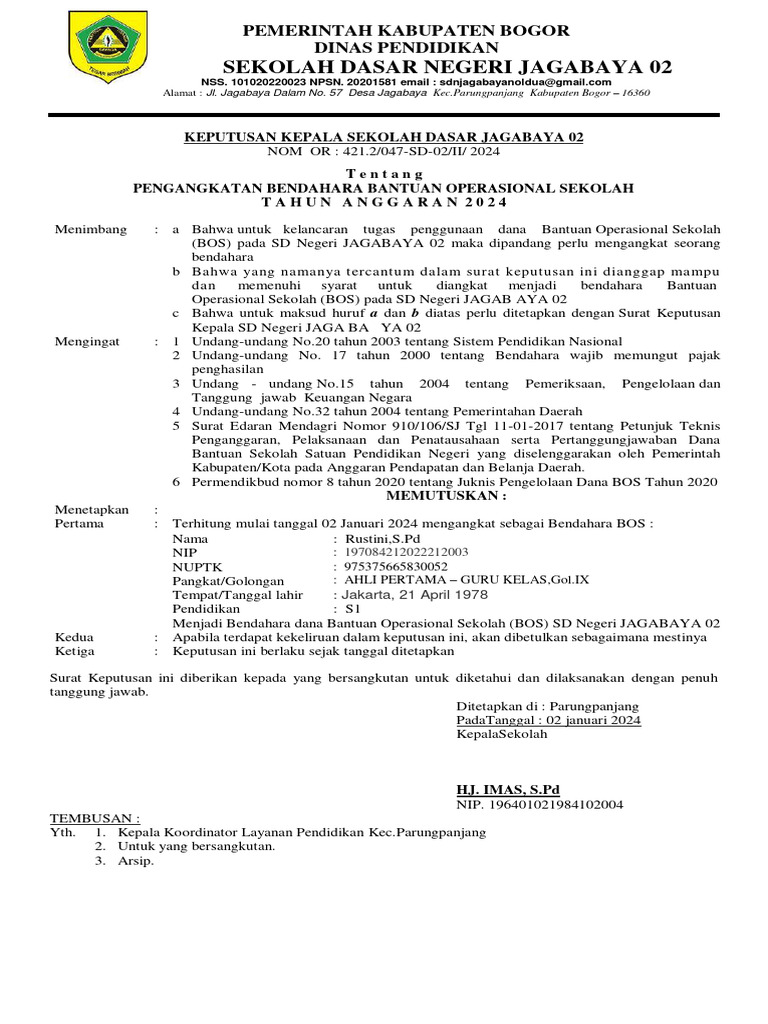 SK Bend Peng Barang Tim-Man-Bos-Sd 2017 | PDF