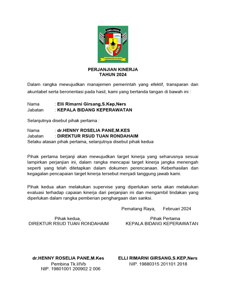 Perjanjian Kinerja Keperawatan 2024 | PDF