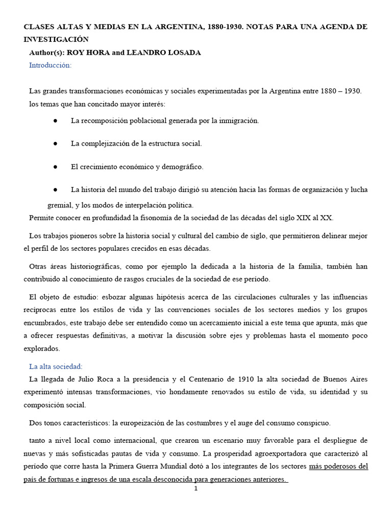 Resumen. CLASES ALTAS Y MEDIAS EN LA ARGENTINA Roy y Losada | PDF ...