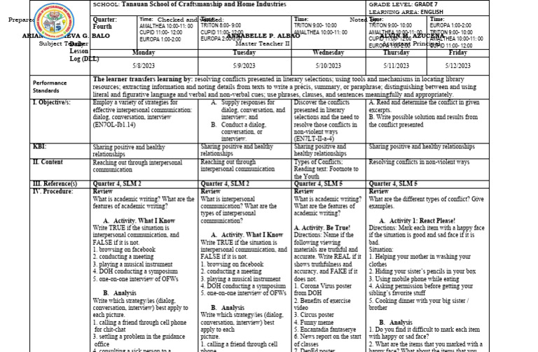 Daily-Lesson-Log-Week 1 Q4 G7 | PDF