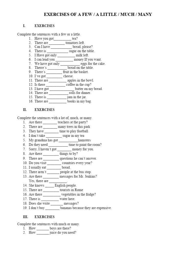 Exercises on Quantifiers: Much, Many, Few | PDF | Cuisine | Food And Drink
