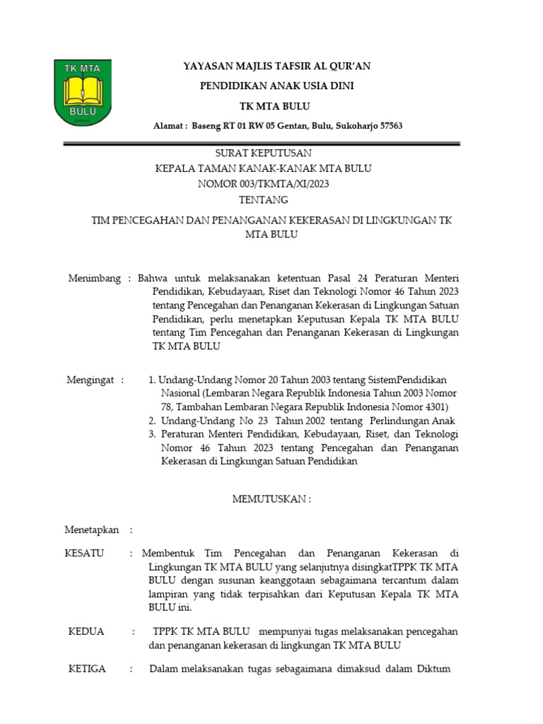 SK Pembentukan TPPK - TK Mta Bulu | PDF | Pengembangan Diri | Kesehatan ...
