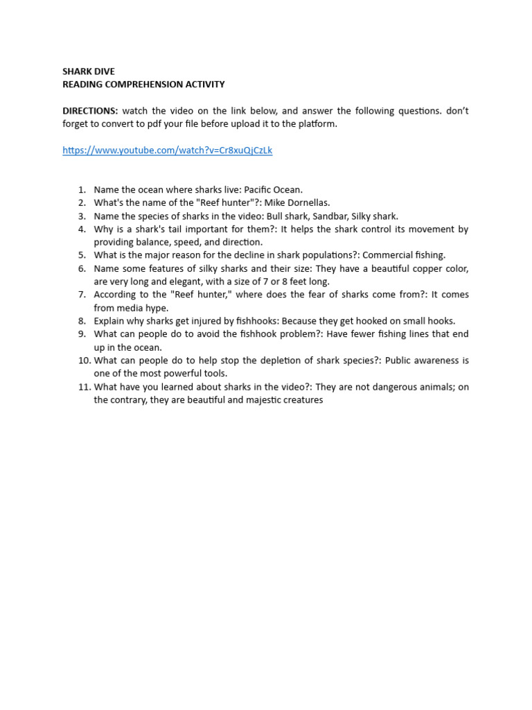 Shark Dive Reading Comprehension | PDF
