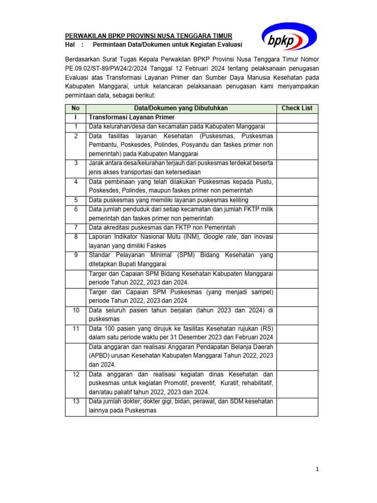 Permintaan Data - Transformasi Layanan Primer Dan SDMK | PDF