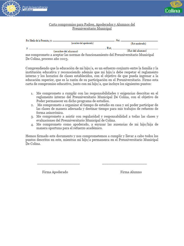 Carta Compromiso para Alumnos y Apoderados | PDF