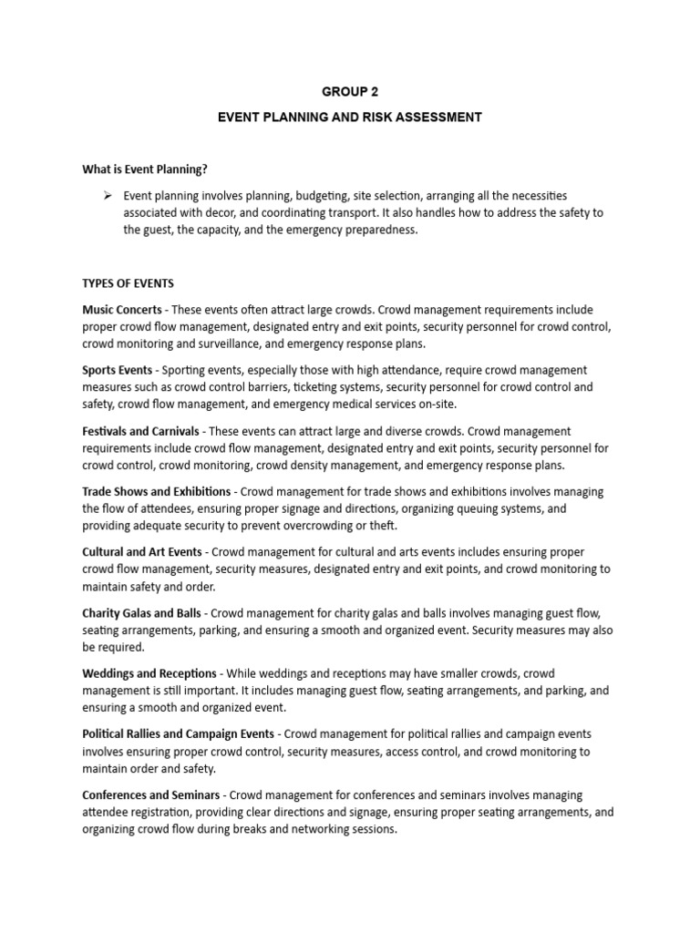 GROUP 2 Event Planning and Risk Assessment | PDF | Risk | Hazards