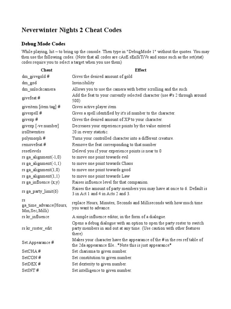 Nwn2 Cheats | PDF | Cheating In Video Games | Role Playing Games