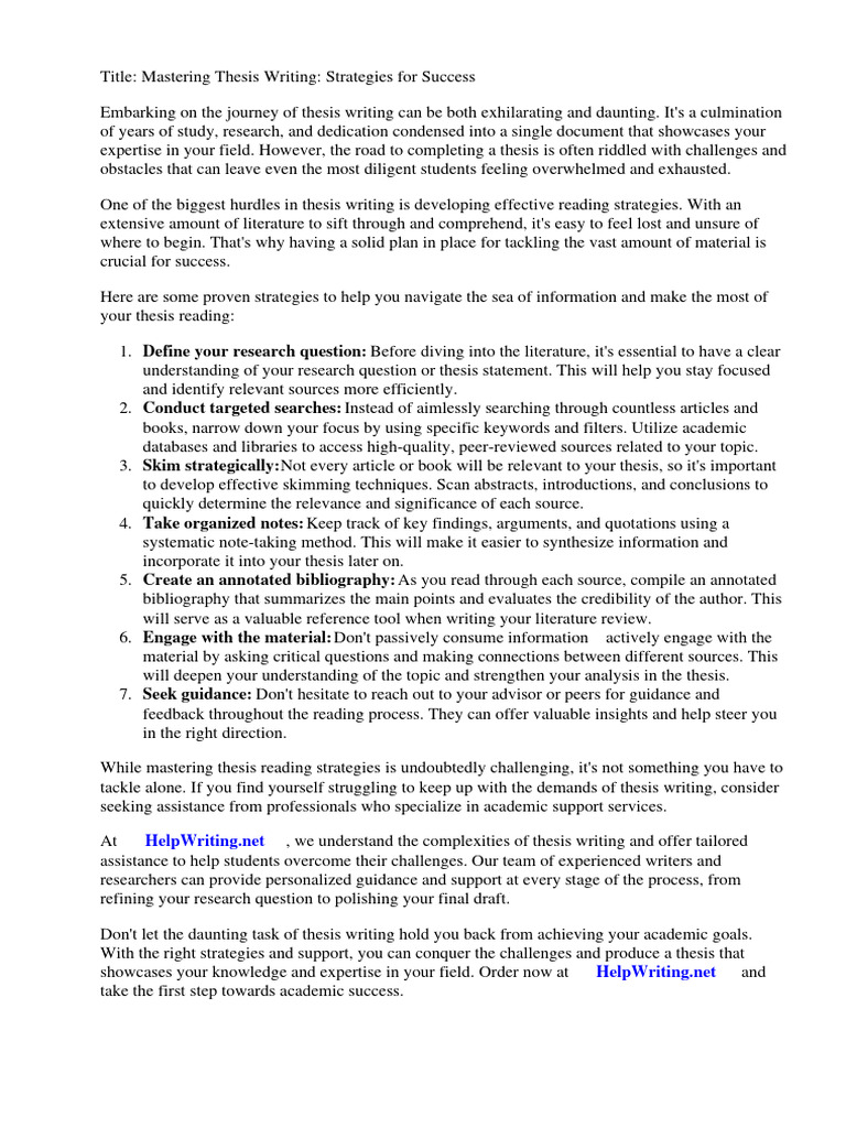 Thesis Reading Strategies PDF | PDF | Reading Comprehension | Metacognition