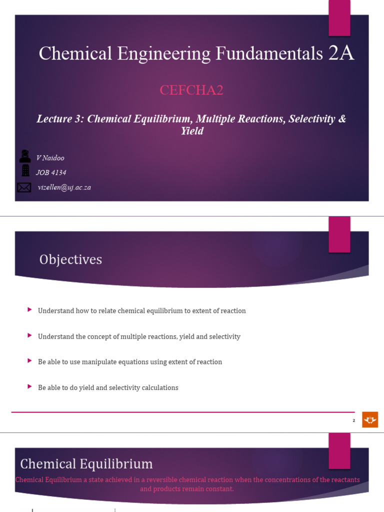 Lecture 3 - Chemical Equlibrium, Yield Selectivity | PDF