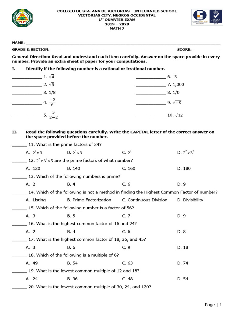 GRADE 7 - 1st Quarter | PDF | Numbers | Mathematics