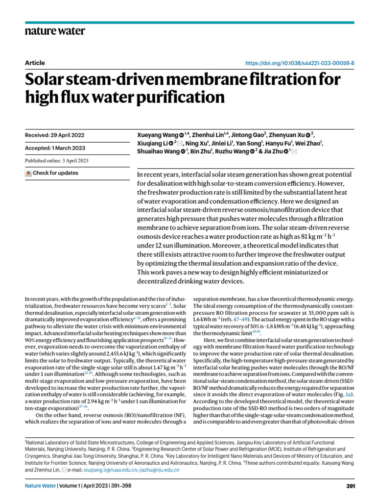 2023 NW - Solar Steam-Driven Membrane Filtration For High Flux Water ...
