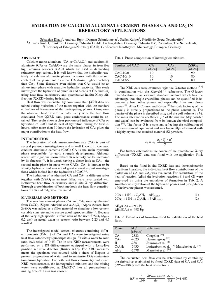 Hydration of Calcium Aluminate Cement Phase Ca and Ca2 in Refractory ...