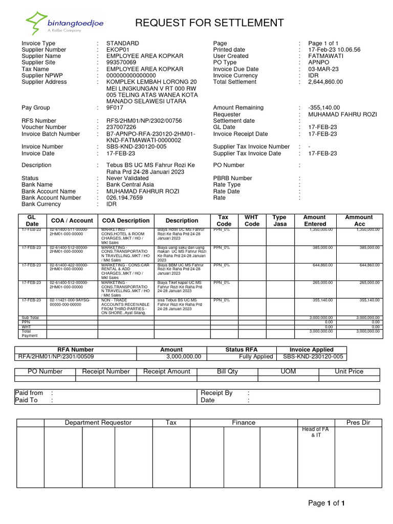 Request For Settlement | PDF | Invoice | Receipt