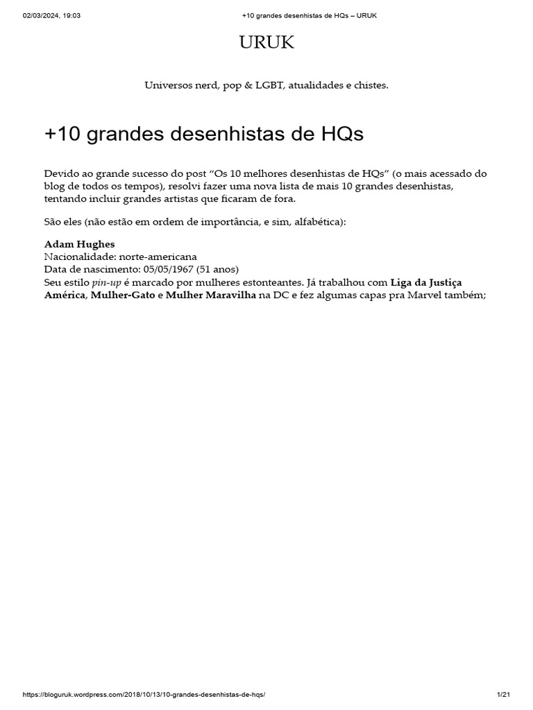 +10 Grandes Desenhistas de HQs - URUK | PDF | Marvel Comics | Quadrinhos