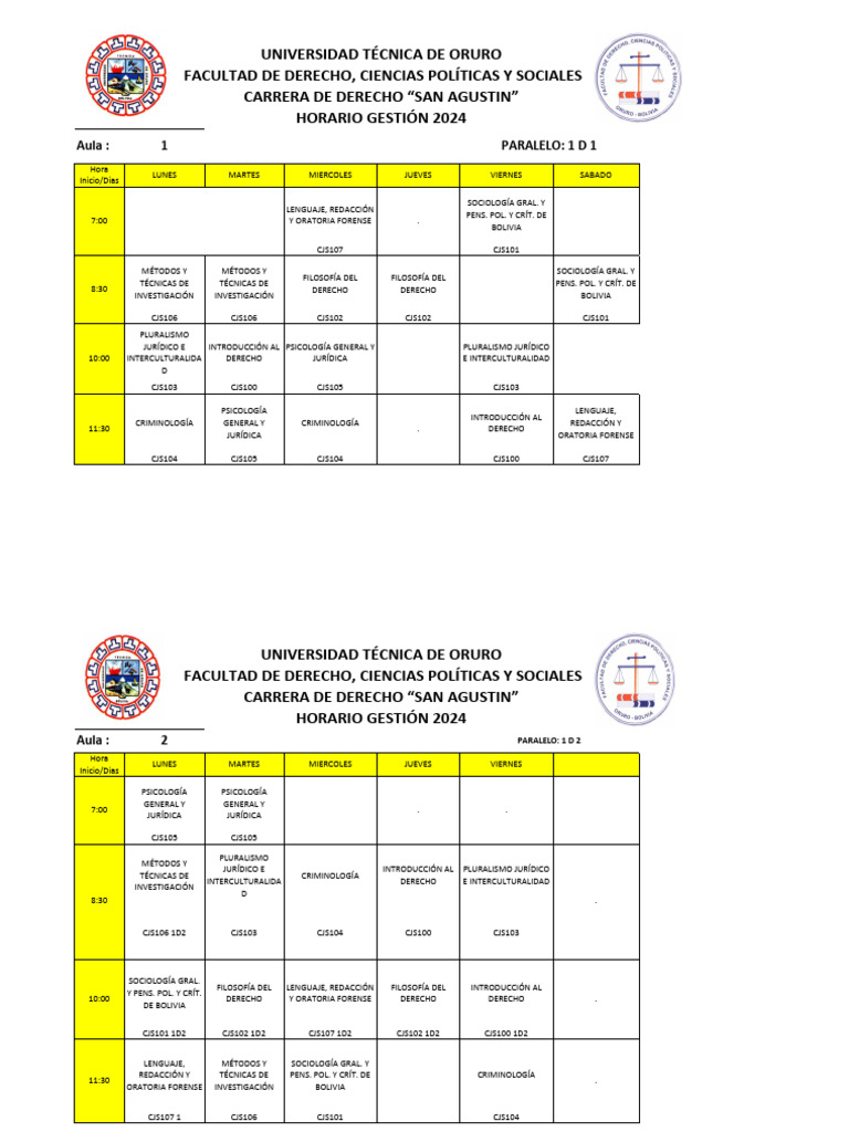 Horarios Facultad de Derecho 2024 | PDF