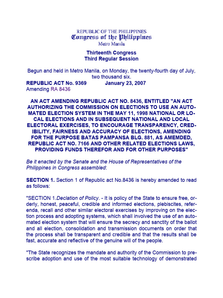 Amending Republic Act 8436 for Elections | PDF | Voting | Elections