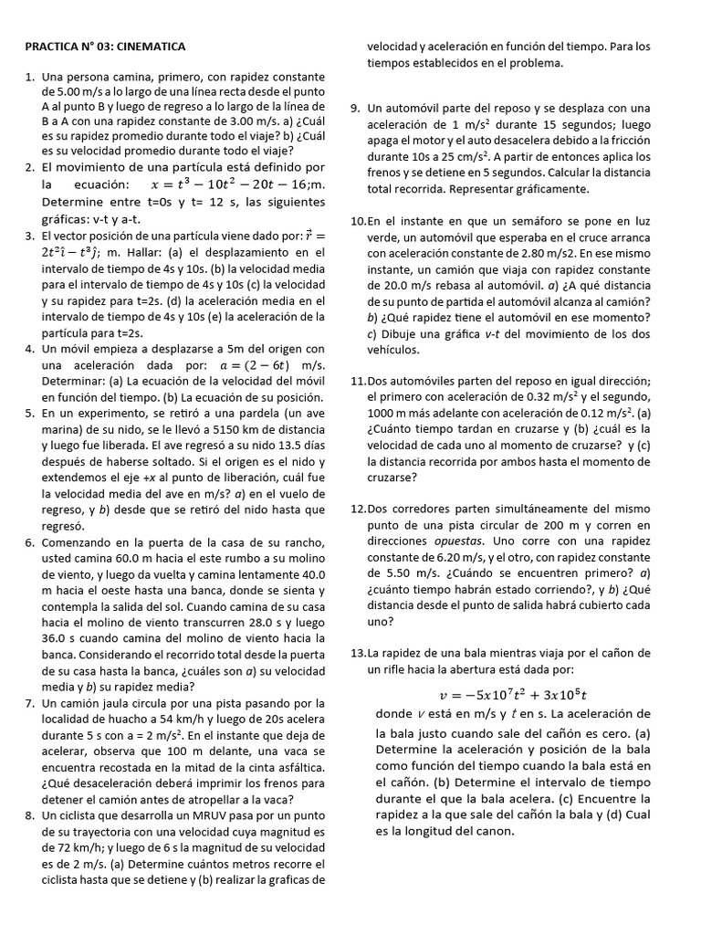 Practica 3 - Cinematica 2024-00 | PDF | Velocidad | Aceleración