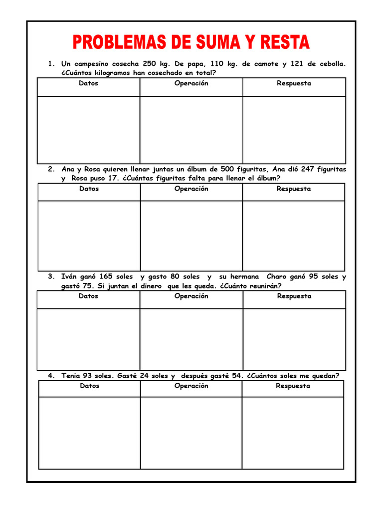 Problemas de Suma y Resta para Segundo Grado de Primaria | PDF