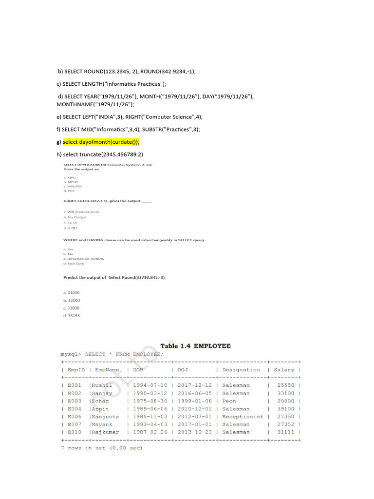 MySQL - Functions - Worksheet | PDF | Information Technology | Software